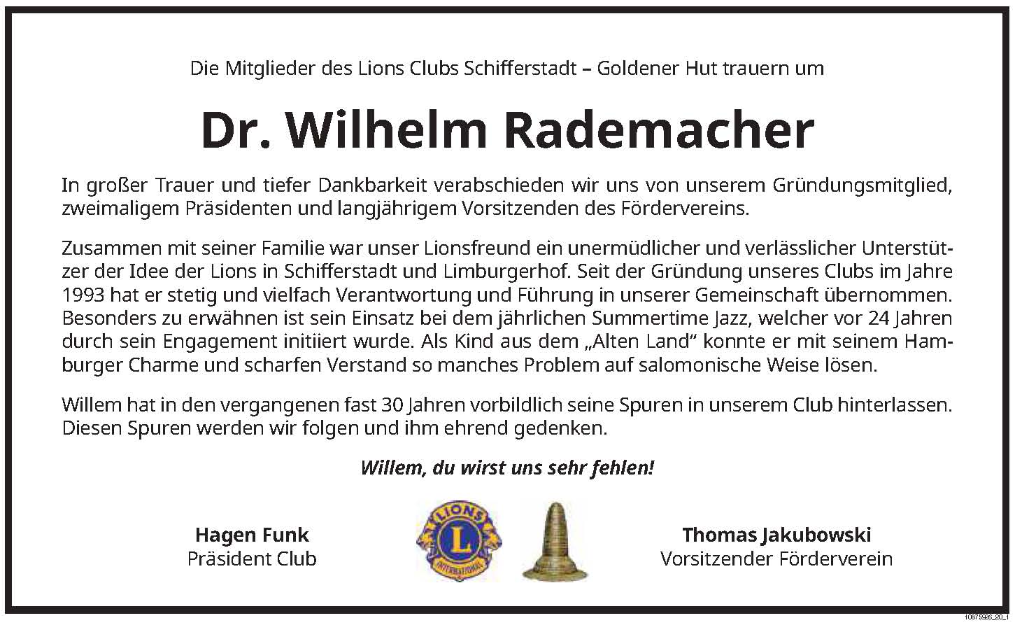 Trauer um LF Wilhelm Rademacher - Schifferstadt-Goldener Hut - Lions ...